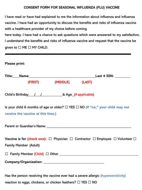 Free Flu Shot (Influenza) Vaccine Consent Forms | Word, PDF
