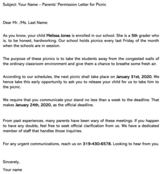 Parent's Permission Letter for Picnic (School Events)