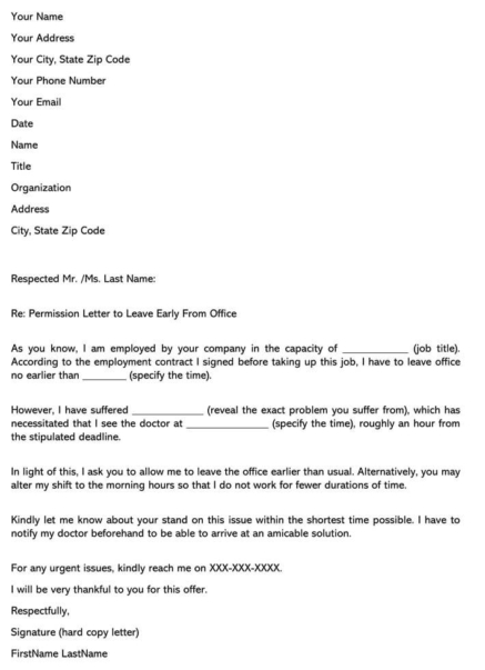Sample Permission Letters to Leave Early from Office