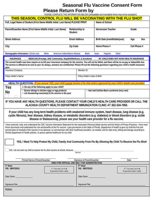 Free Flu Shot (Influenza) Vaccine Consent Forms (Word | PDF)
