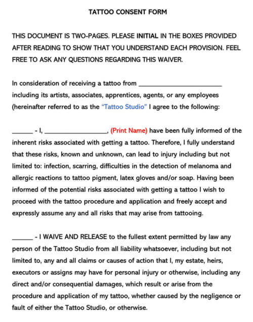 Free Tattoo Consent Forms - Word, PDF