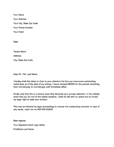 Sample Rent Balance (Demand for Rent) Letter