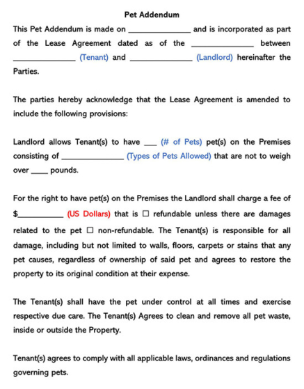 Pet Addendum to Lease (Free Template) - Word | PDF