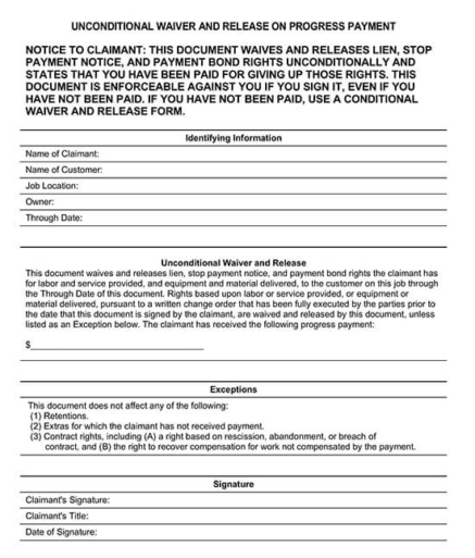 Free Contractor Lien Release Forms [Unconditional] - PDF