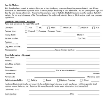 Free Hotel Credit Card Authorization Forms