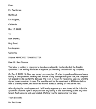 Sample Rental Application Approval Letters (Approved Tenant)