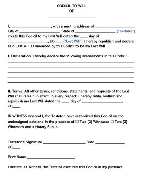 Free Codicil to Will Forms | Word - PDF