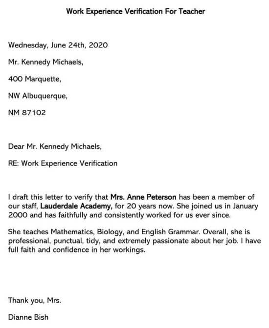 Sample Work Experience Verification Letters for Employers