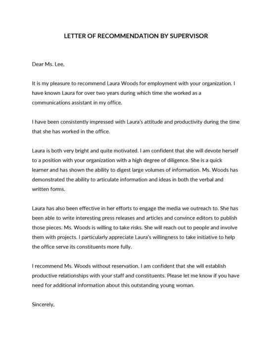 Letter of Recommendation from Supervisor (Examples)