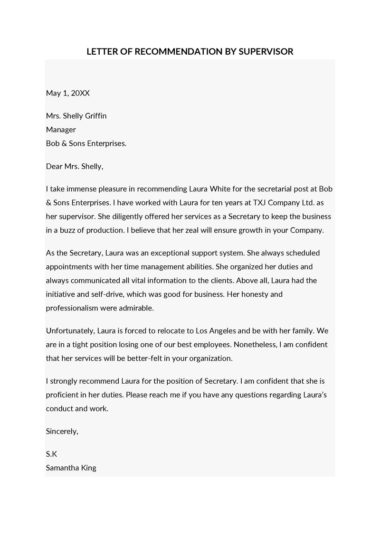 Letter of Recommendation from Supervisor (Examples)