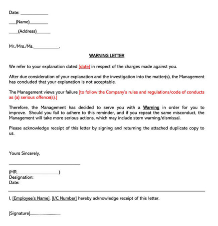 Employee Warning (Notice) Letter Templates - Samples