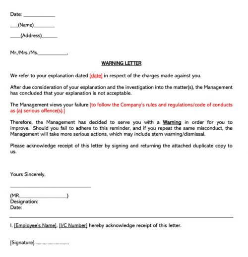 Employee Warning (Notice) Letter Templates - Samples