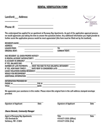 Free Verification of Rent (Landlord) Forms - Word | PDF