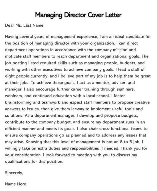 Managing Director Cover Letter (Example & Free Templates)