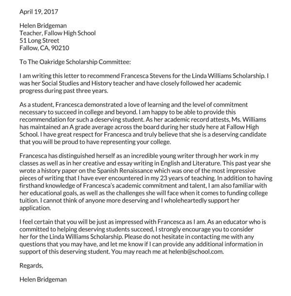 Recommendation Letter for Scholarship [Free Templates]