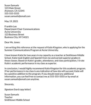 Academic (School) Reference Letter Samples - Templates