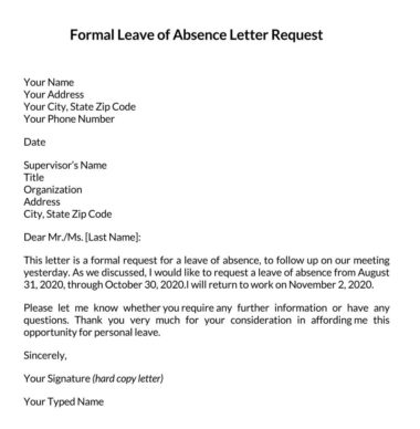 Permission Letter Asking for Leave from Work (Samples)