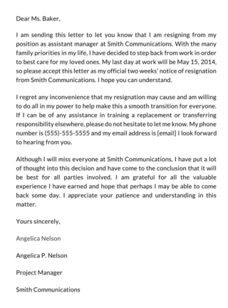 Sample Resignation Letter (Due to Family Reasons)