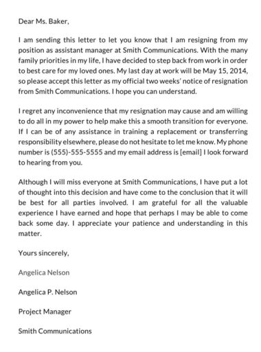 Sample Resignation Letter (Due to Family Reasons)