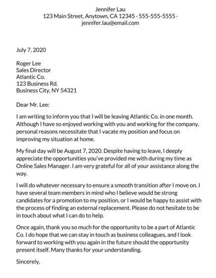 Sample Resignation Letter (Due to Family Reasons)