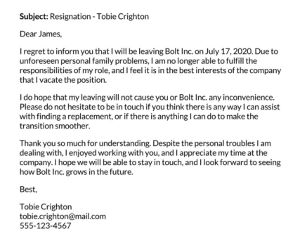Sample Resignation Letter (Due to Family Reasons)
