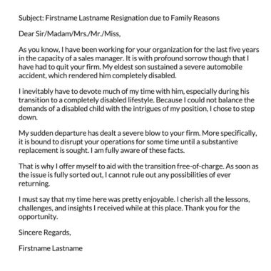 Sample Resignation Letter (Due to Family Reasons)