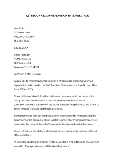 Letter of Recommendation from Supervisor (Examples)