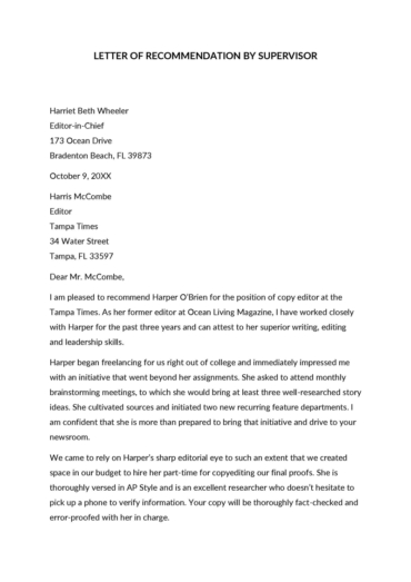 Letter of Recommendation from Supervisor (Examples)