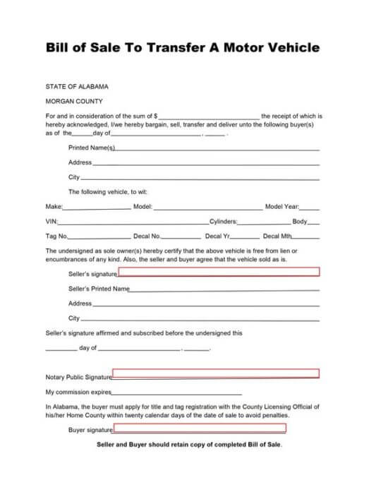 Free Alabama Vehicle Bill of Sale Forms [Word - PDF]