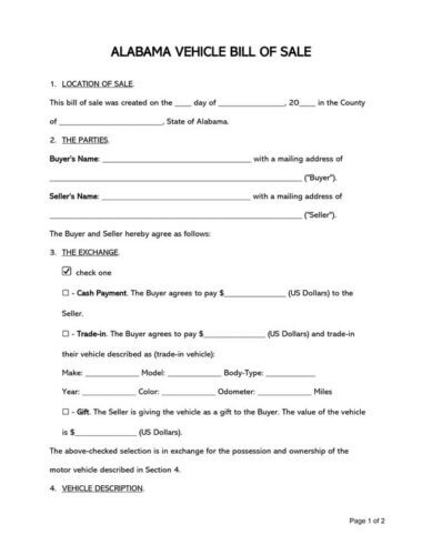 Free Alabama Vehicle Bill of Sale Forms [Word - PDF]