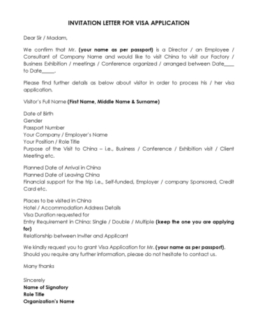 30 Sample Invitation Letters for Visa (Family, Visitor, etc.)