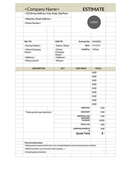 Free Estimate Templates (Edit & Print) – Word | Excel
