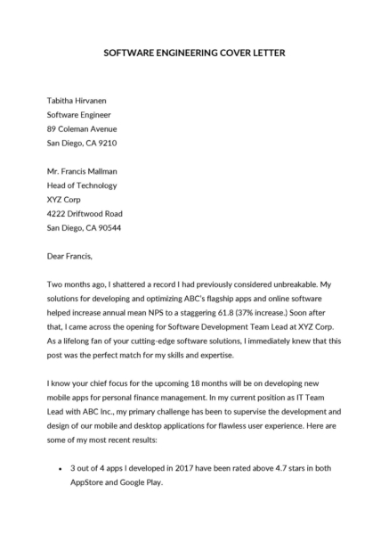 Software Engineer Cover Letter Examples + Tips