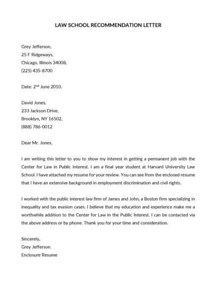 Law School Letter of Recommendation Samples