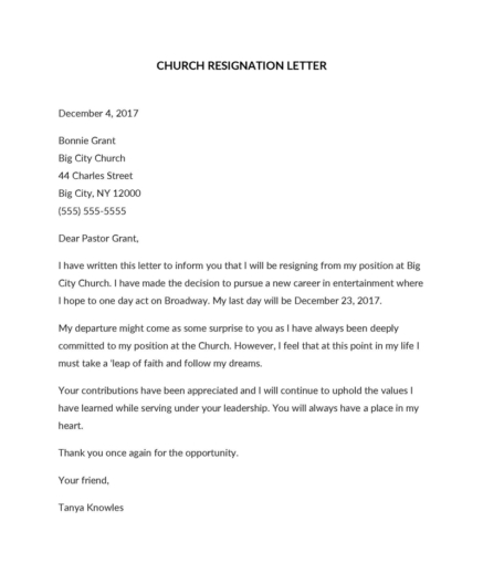 Church Resignation Letter Samples (Religious Group)