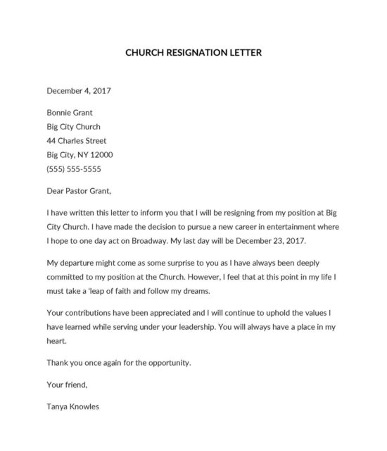 Church Resignation Letter Samples (Religious Group)