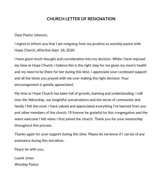 Church Resignation Letter Samples (Religious Group)