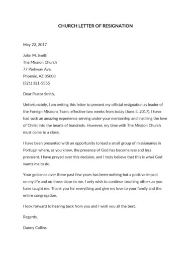 Church Resignation Letter Samples (Religious Group)