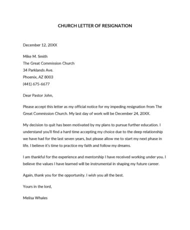 Church Resignation Letter Samples (Religious Group)