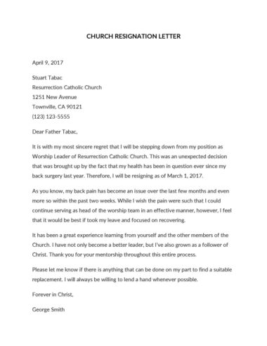 Church Resignation Letter Samples (Religious Group)