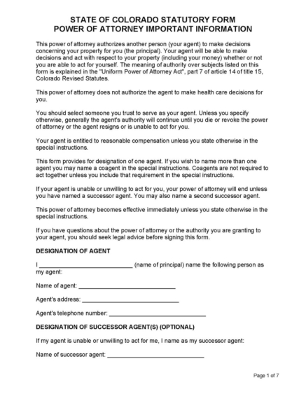 Colorado Power of Attorney Forms | 10 Types - PDF, Word