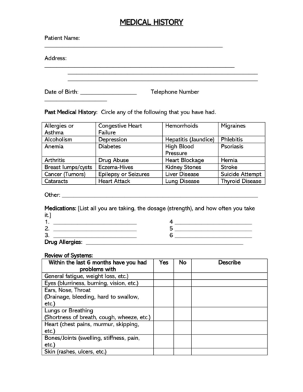 General Medical History Forms (100% Free) - [Word, PDF]