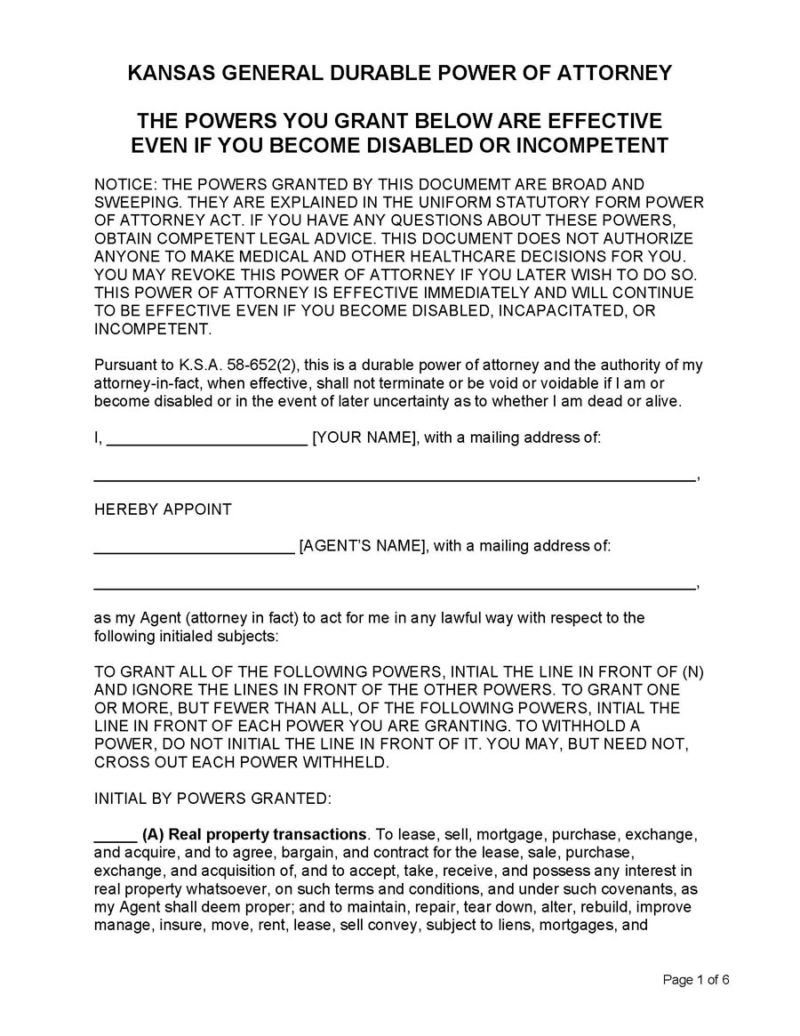 Kansas Power of Attorney Forms | 9 Types (PDF - Word)