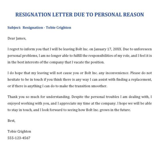 Resignation Letter Due to Personal Reason (18 Examples)