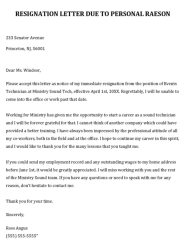 Resignation Letter Due to Personal Reason (18 Examples)