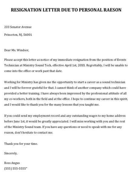Resignation Letter Due to Personal Reason (18 Examples)