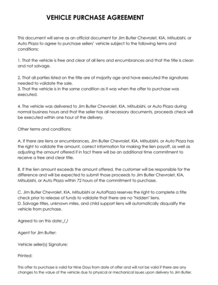 Free Vehicle Purchase Agreement Templates - Editable