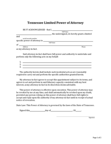 Free Tennessee (TN) Power of Attorney Forms | Word - PDF