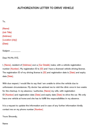 Authorization to Drive Vehicle (Sample Letters & Templates)