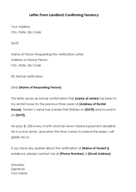 Sample Letters From Landlord Confirming Tenancy
